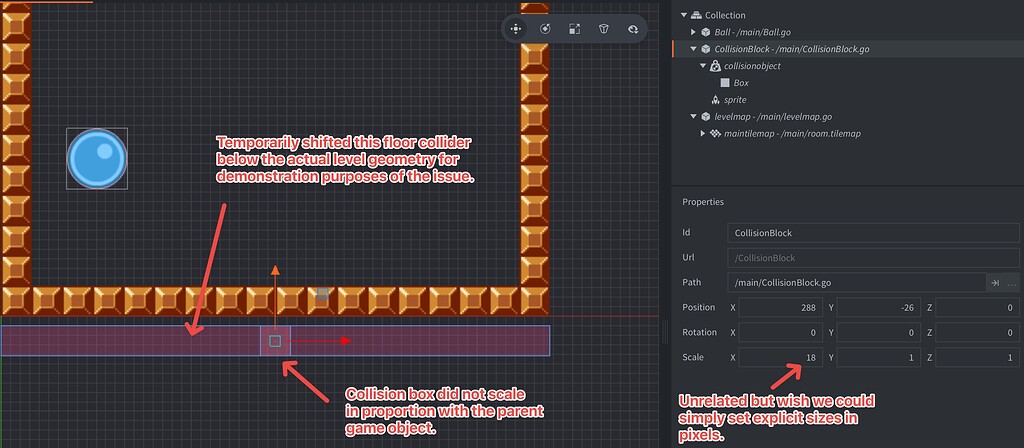 Collision object doesn't scale proportionally with game object in editor - Questions - Defold ...